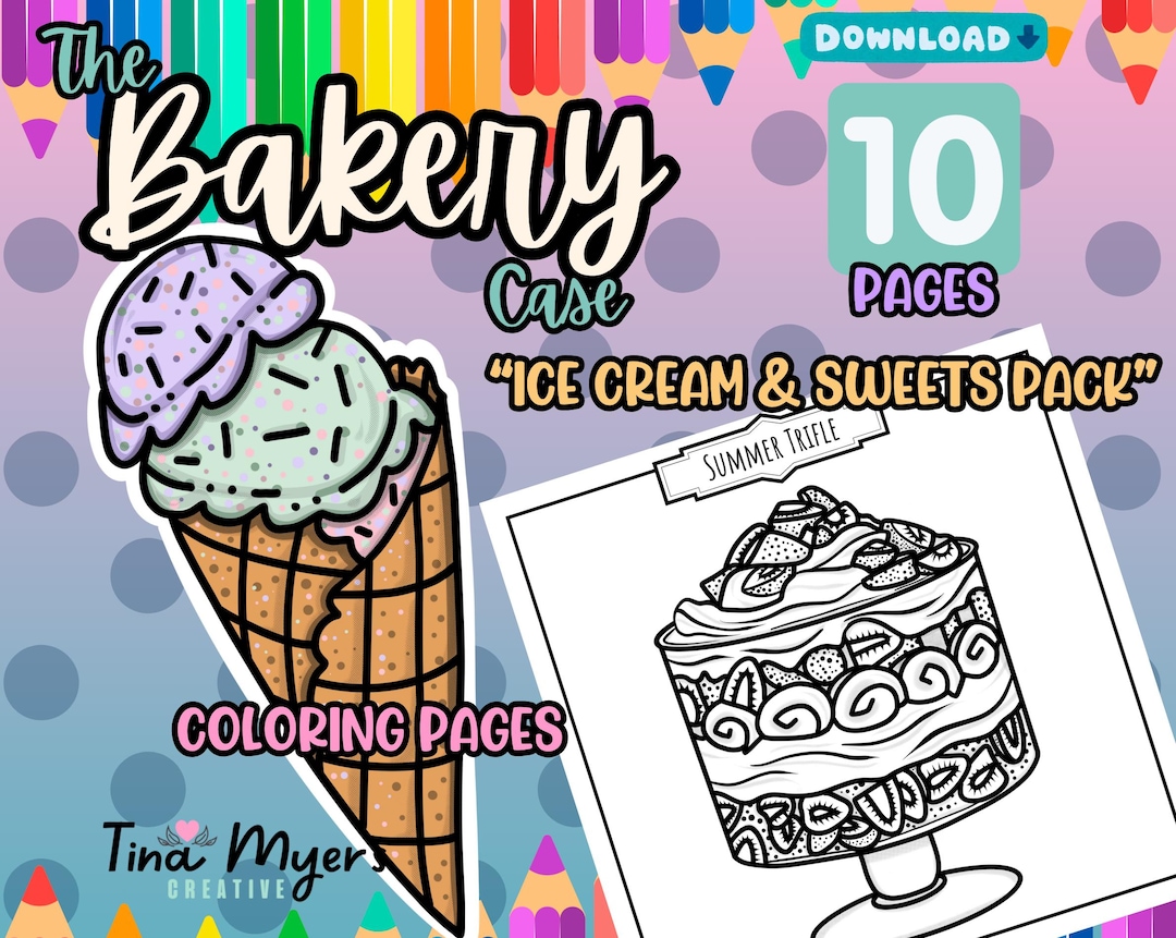 Ice Cream & Sweets Coloring Pages: Bakery Case 10 Pack (digital ...