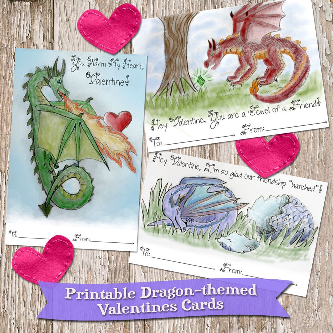 Printable Fantasy Dragon Valentines Day Cards, Pack of 3, Hand Drawn ...