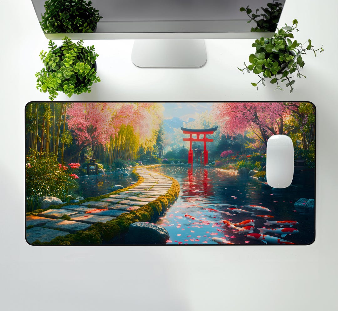 Serene Japanese Garden Desk Mat , Koi Pond Design With Cherry Blossoms ...