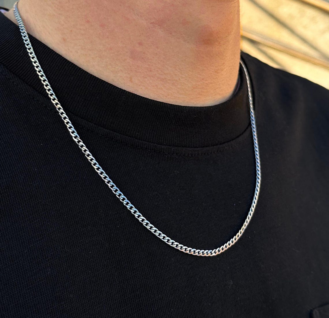 Silver Connell Chain, 3mm Silver Cuban Chain, Mens Necklace, Mens ...