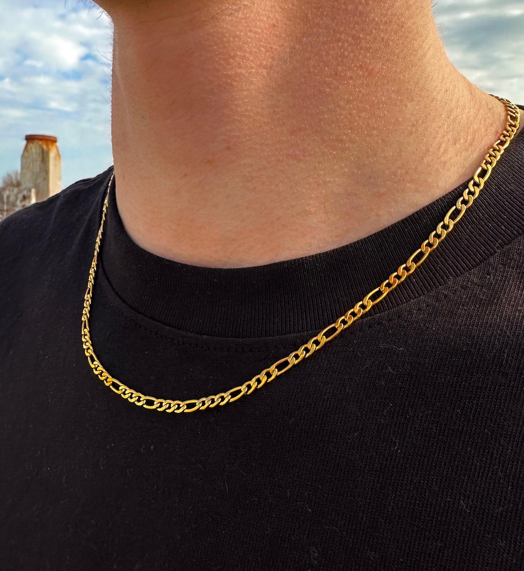 Mens Necklace, Mens Gold Chain: 4MM Figaro Necklace, Premium 18K Gold ...