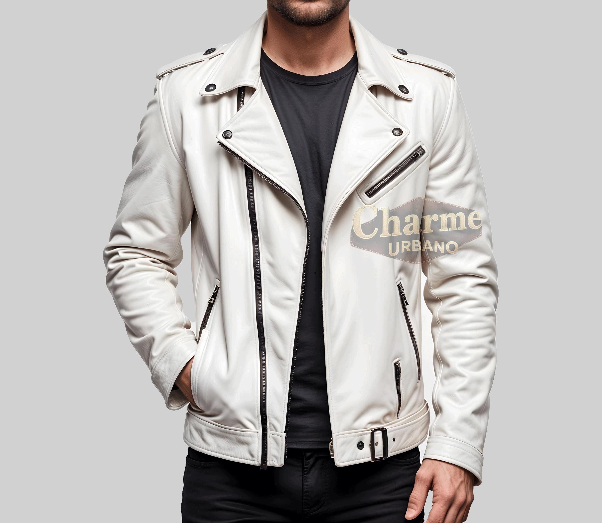 Genuine White Leather Biker Jacket for Men Classic Leather White Jacket ...