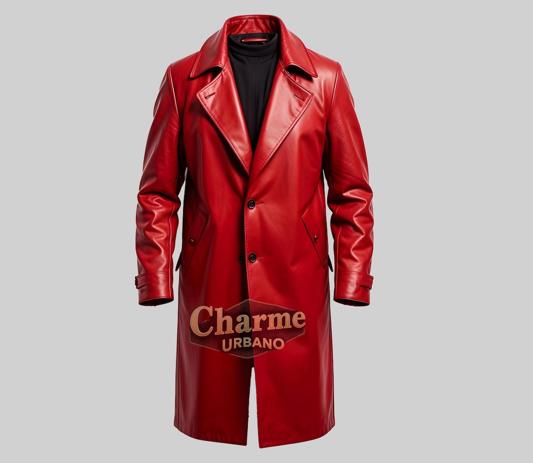 Handmade Red Leather Trench Coat for Men - Genuine Leather Red Coat for ...