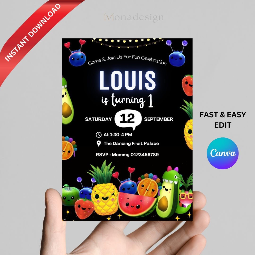 Hey Bear Sensory Birthday Invitation Birthday Dancing Fruits Invite ...