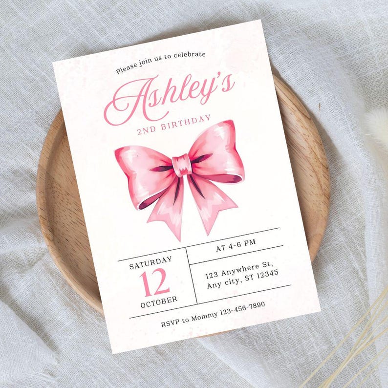 Pink Bow Birthday Invitation Birthday Pink Bow Birthday Invite Kids ...