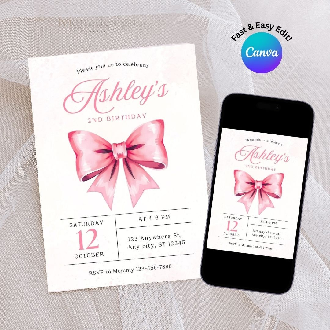 Pink Bow Birthday Invitation Birthday Pink Bow Birthday Invite Kids ...