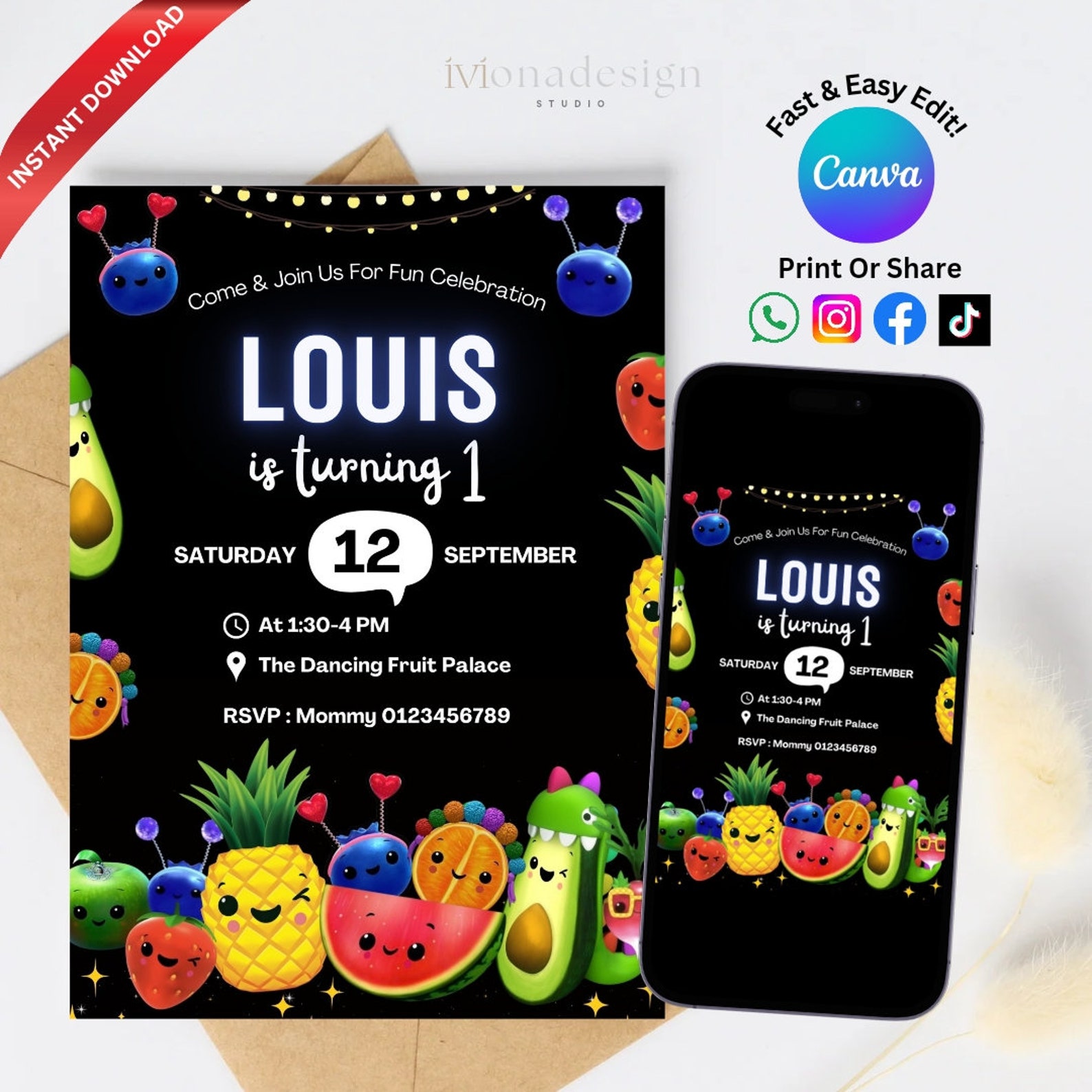 Hey Bear Sensory Birthday Invitation Birthday Dancing Fruits Invite ...