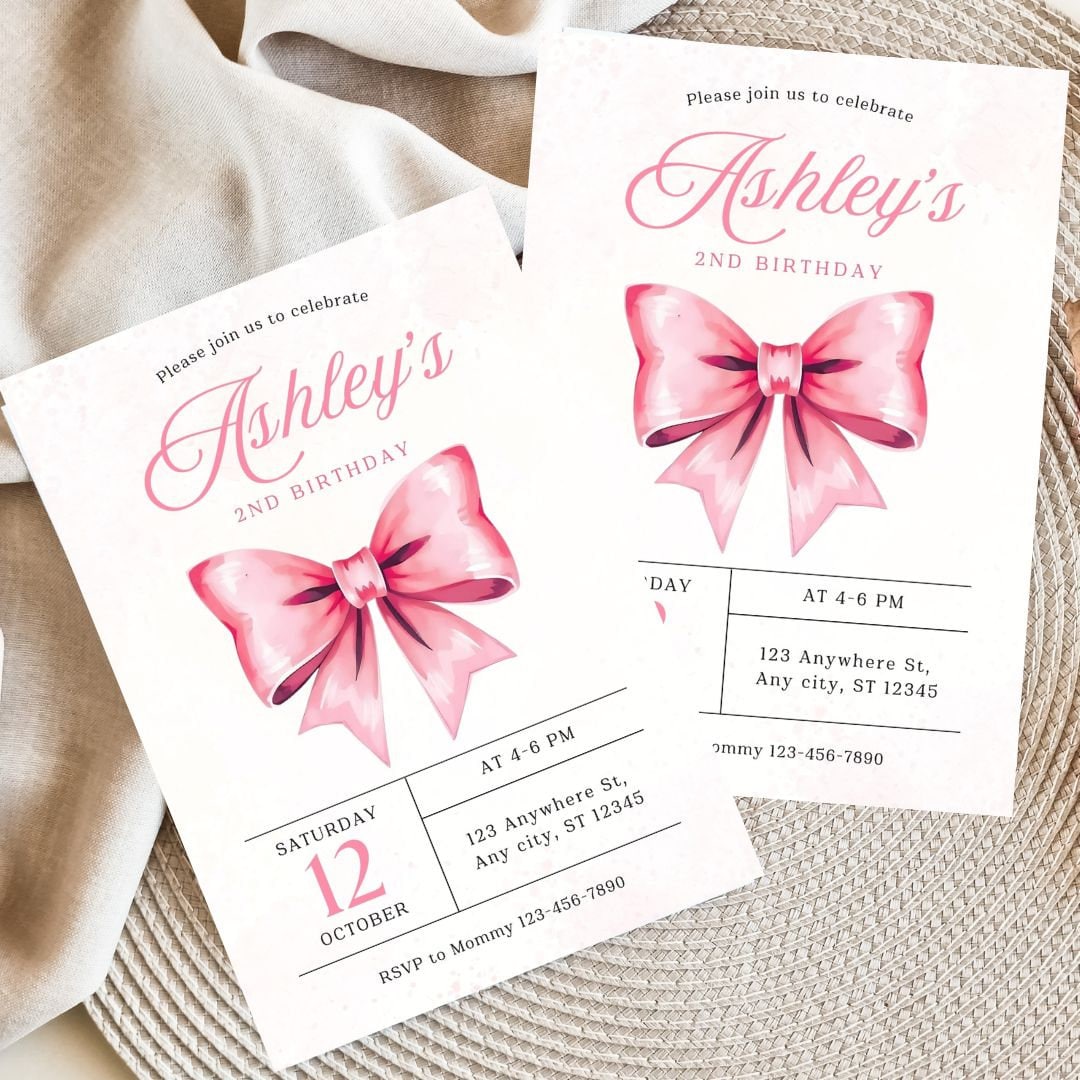 Pink Bow Birthday Invitation Birthday Pink Bow Birthday Invite Kids ...