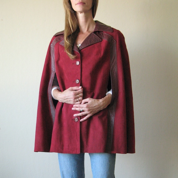 1970s red suede and leather cape - Gem