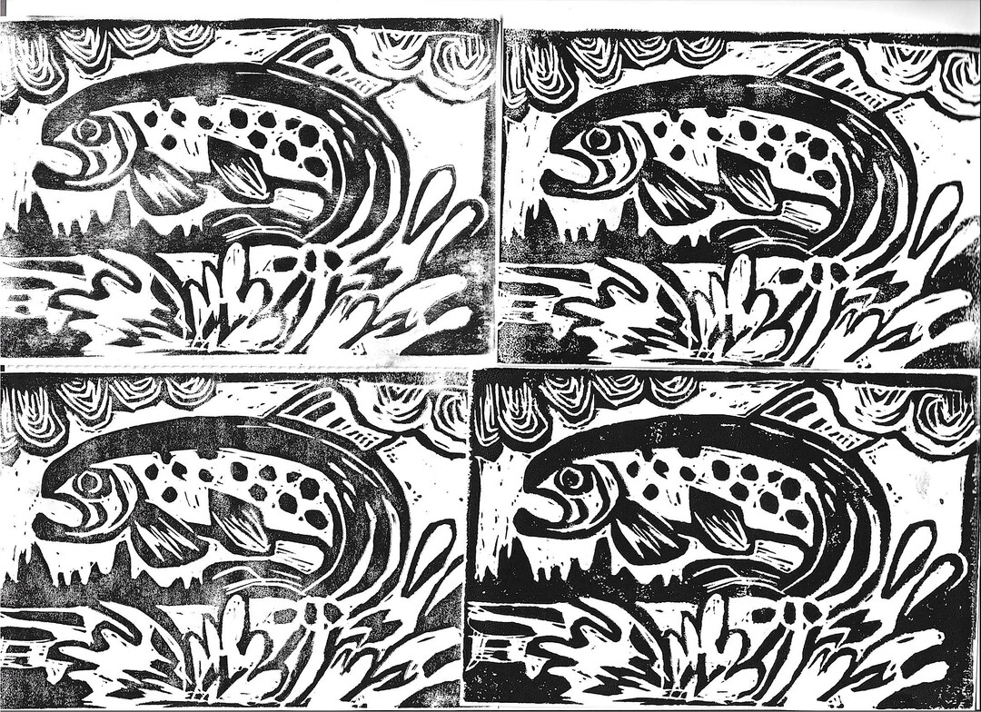 Rainbow Trout Lino Print (4”x6” Unique Handmade Linoleum Block Lino ...