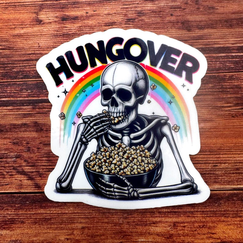 Hungover Skeleton Sticker, Waterproof Sticker, Funny Skeleton, Popcorn ...