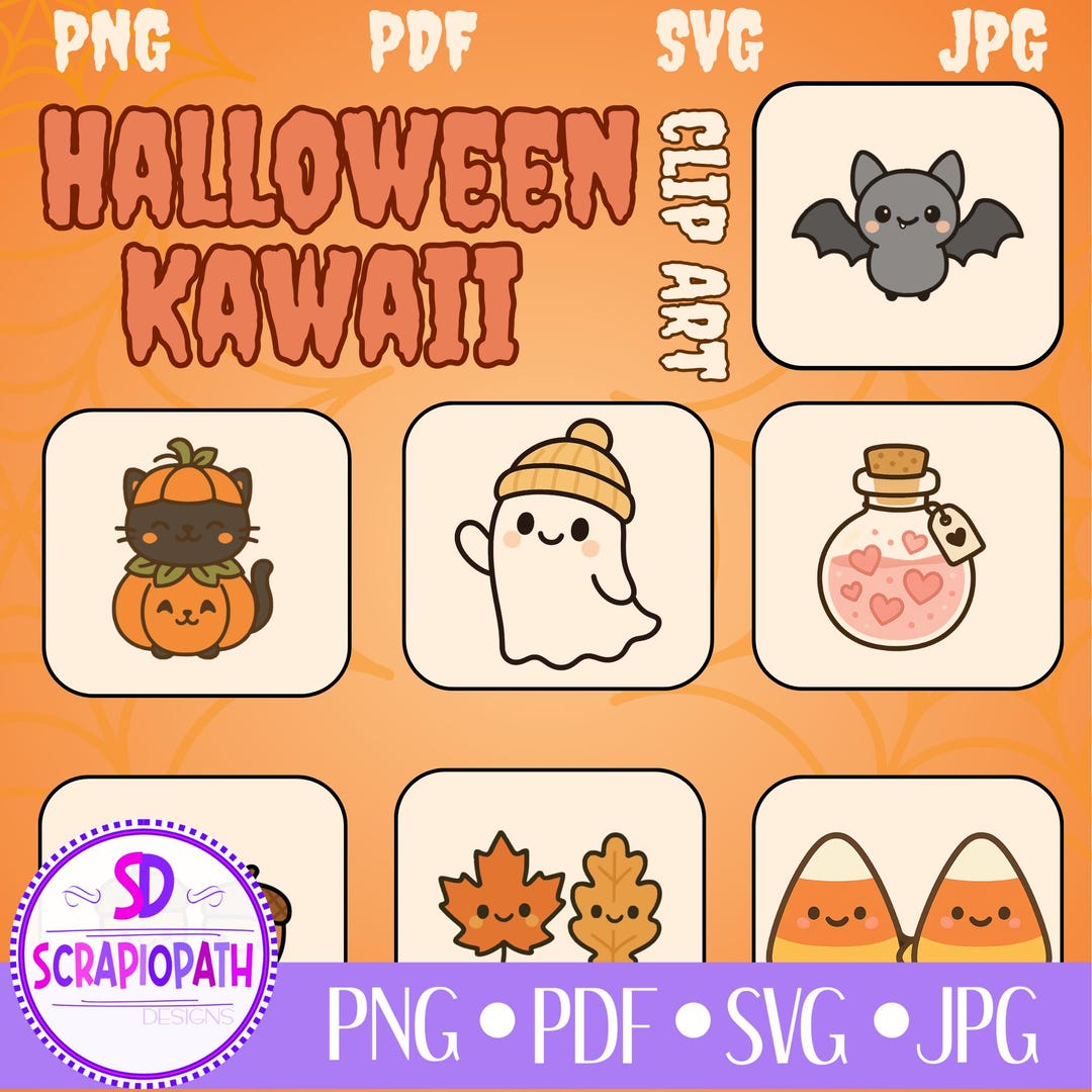 Halloween Kawaii Clipart Bundle PNG SVG Jpg Pdf Cute Ghost, Pumpkin Cat ...