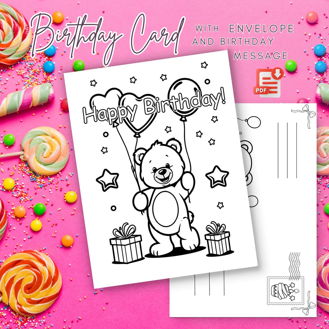 Printable Kids Birthday Card – DIY Coloring Greeting Card With Cute ...