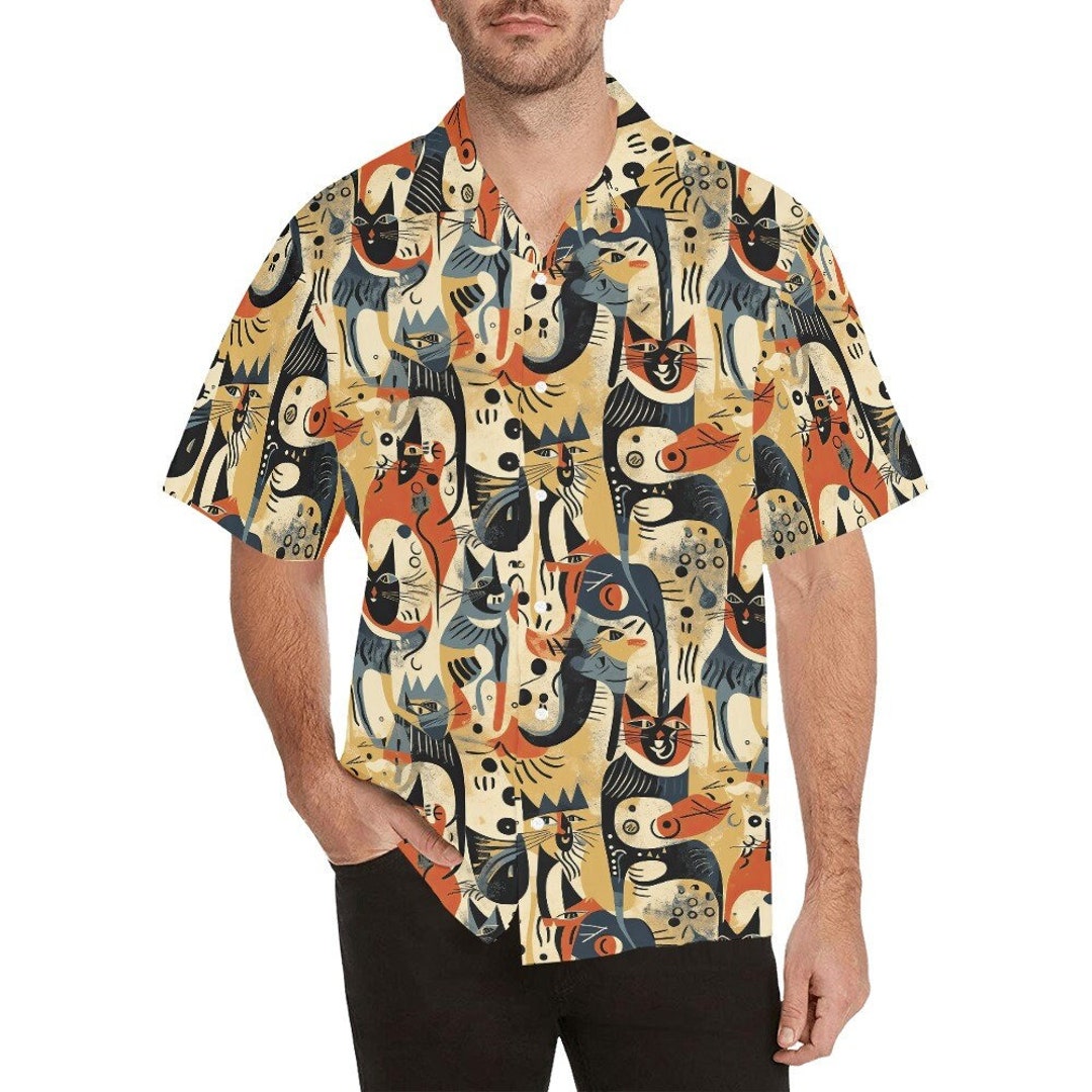 Cat Print Shirt for Men, Joan Miro Inspired Short Sleeved Shirt ...
