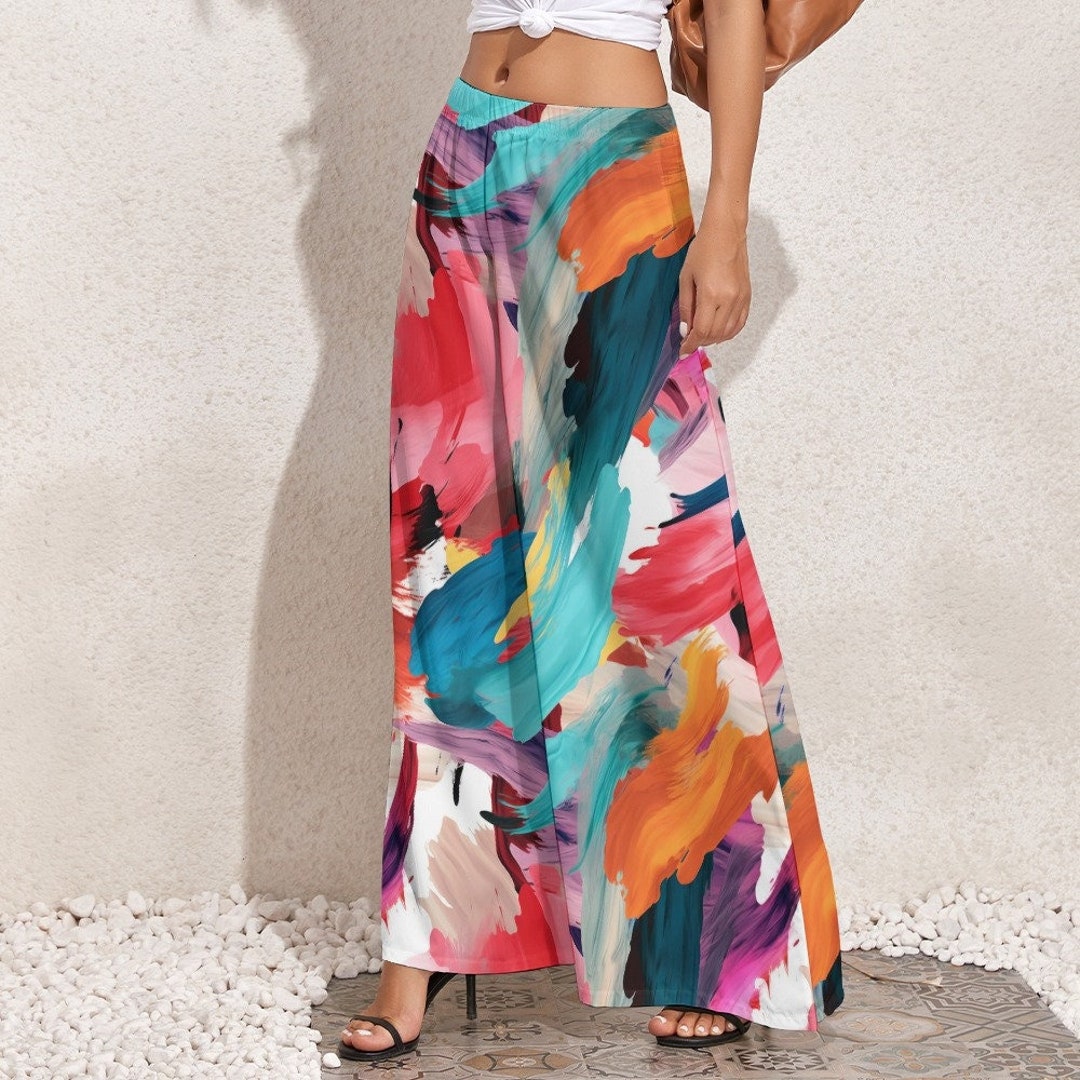 Colorful Wide Leg Pants, Abstract Art Palazzo Pants, Retro Style ...