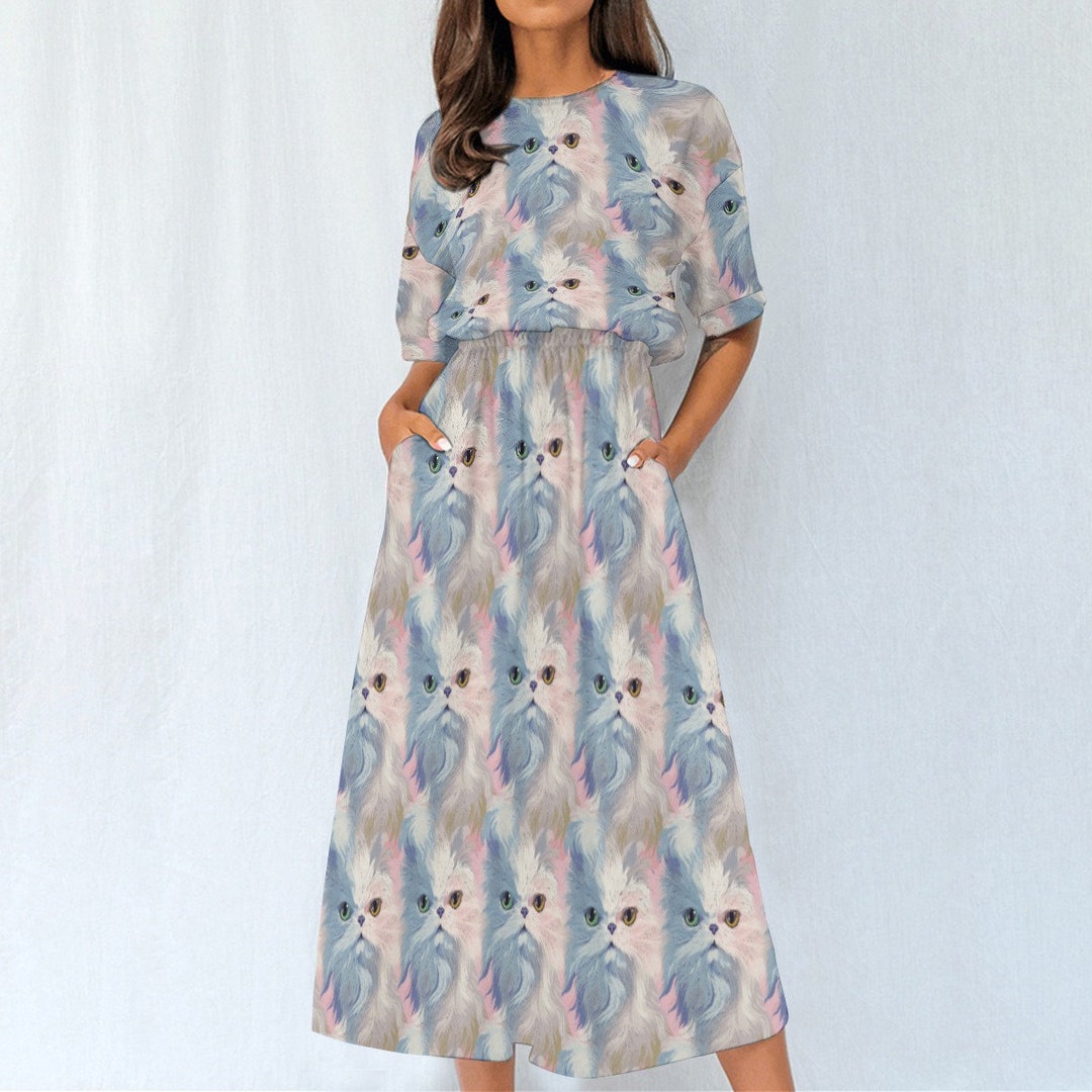 Stylish Pastel Cat Printed Dress With Pockets, White Persian Kitten ...