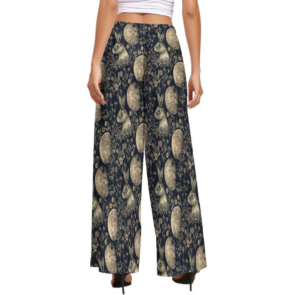 Rabbit Print Pants, Black Witchy Celestial Wide Leg Trousers, Full Moon ...