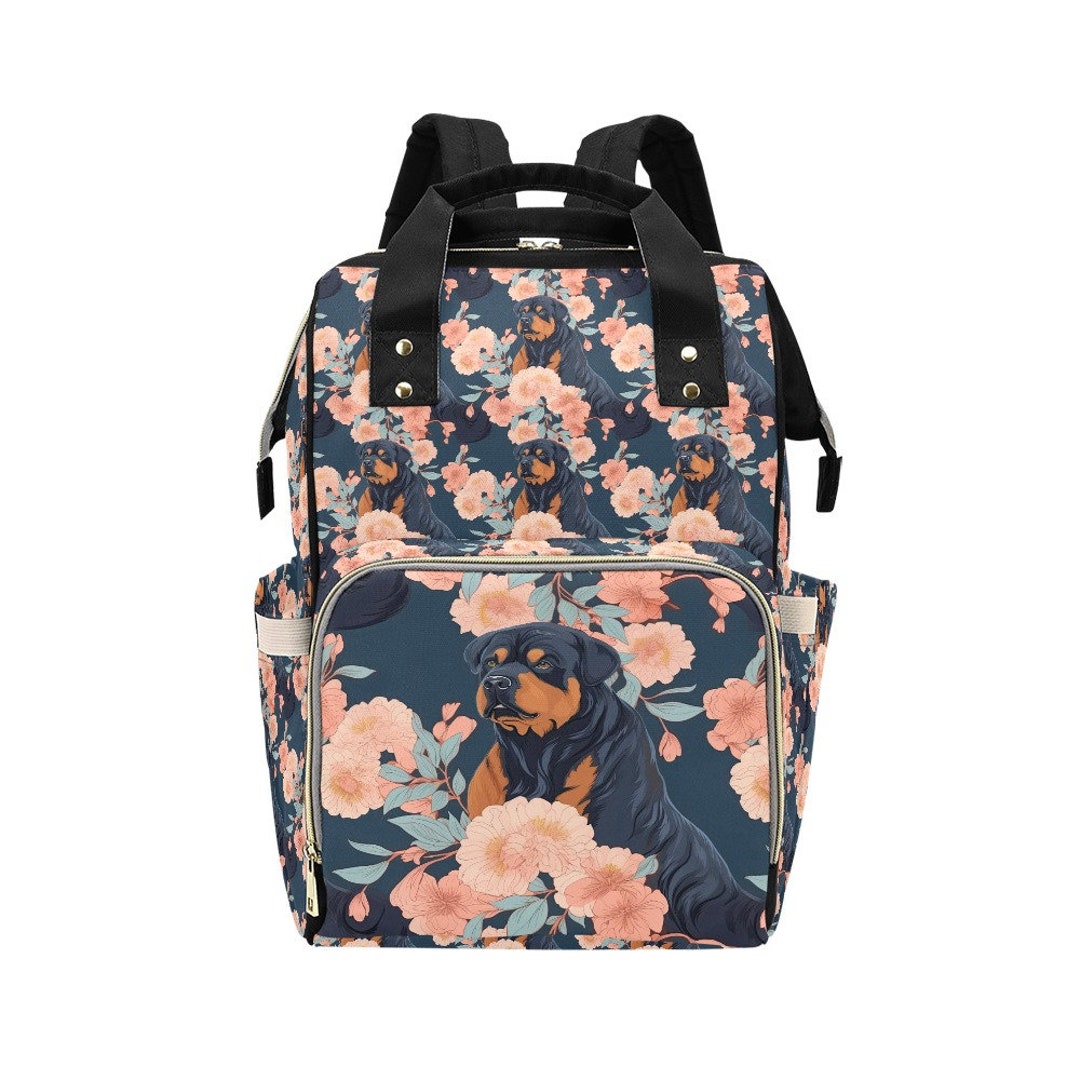 Rottweiler Dog Diaper Bag Backpack, Pink Flowers Waterproof Insulated ...