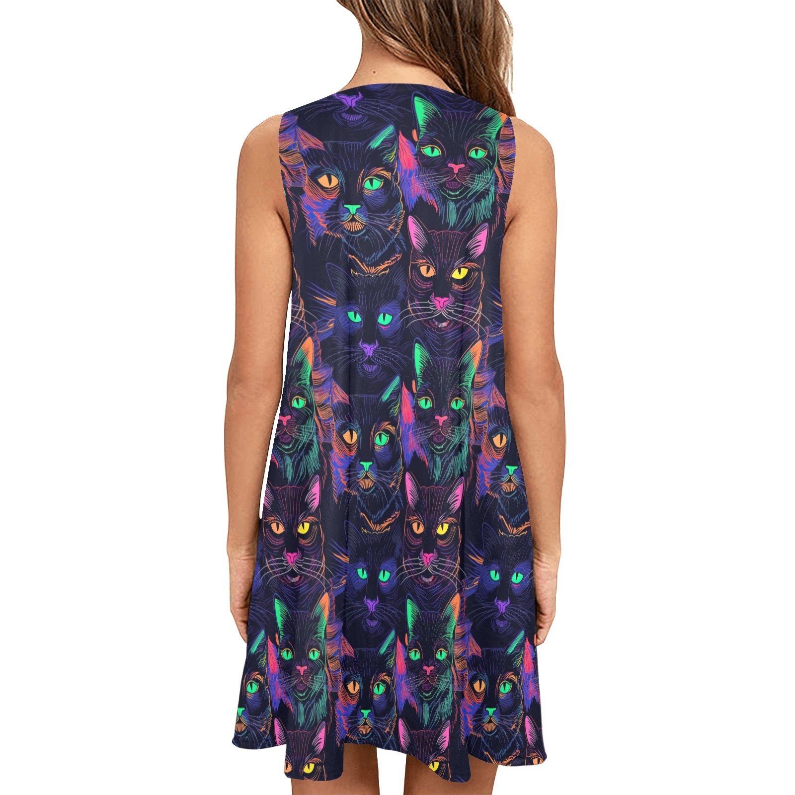 Black Cat Print Dress With Pockets, Cat Mom Sleeveless A-line Dress ...
