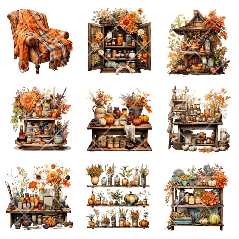 14 Watercolor Fall Decor Clipart Graphics Autumn Pngs for Commercial ...