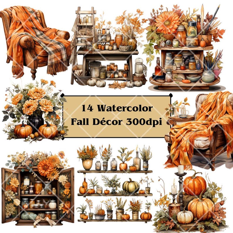 14 Watercolor Fall Decor Clipart Graphics Autumn Pngs for Commercial ...