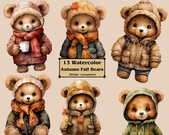 Adorable Autumn Teddy Bear Watercolor Clipart | Fall Animal PNG | Cute ...