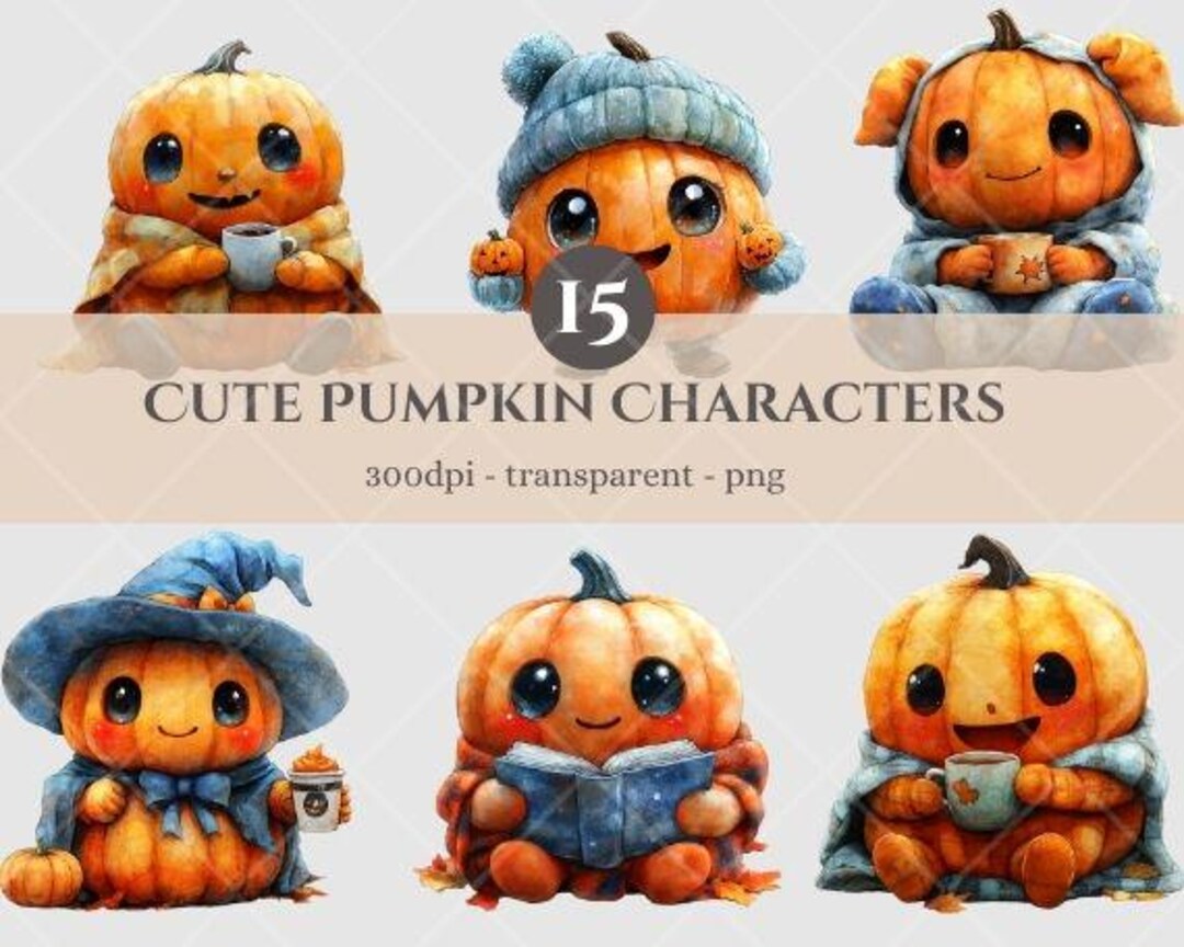 Kawaii Pumpkin Clipart Bundle Cozy Fall Characters Cute Autumn Decor ...