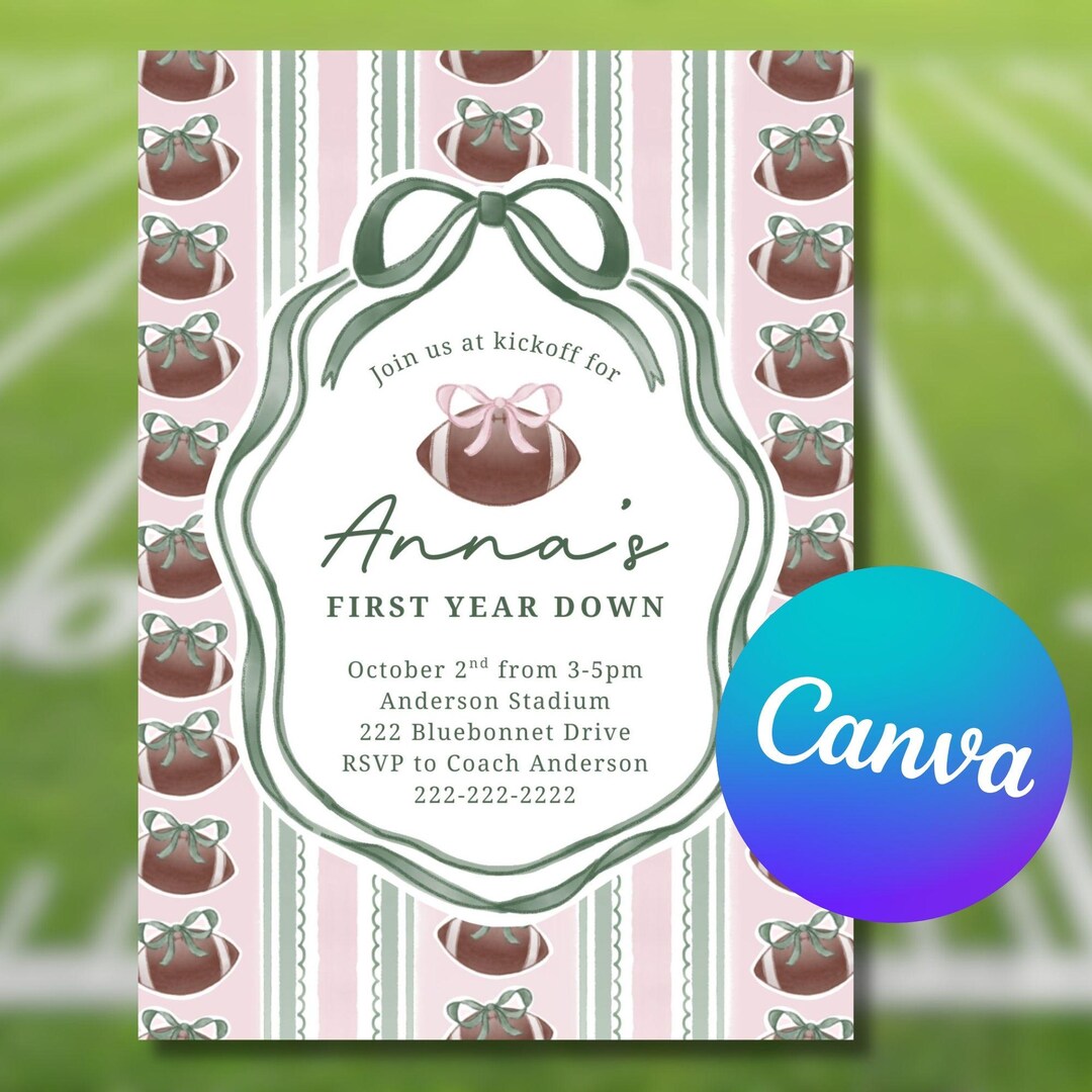 First Year Down Birthday Invitation: Editable Pink Football Party Canva ...