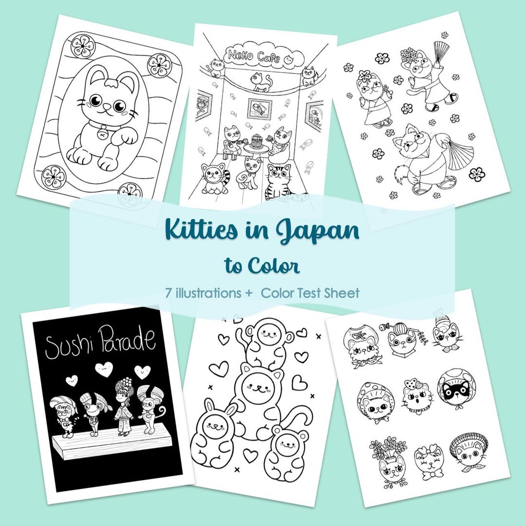 Kitties in Japan, Cute Illustrations for Coloring, Kids and Adults - Etsy