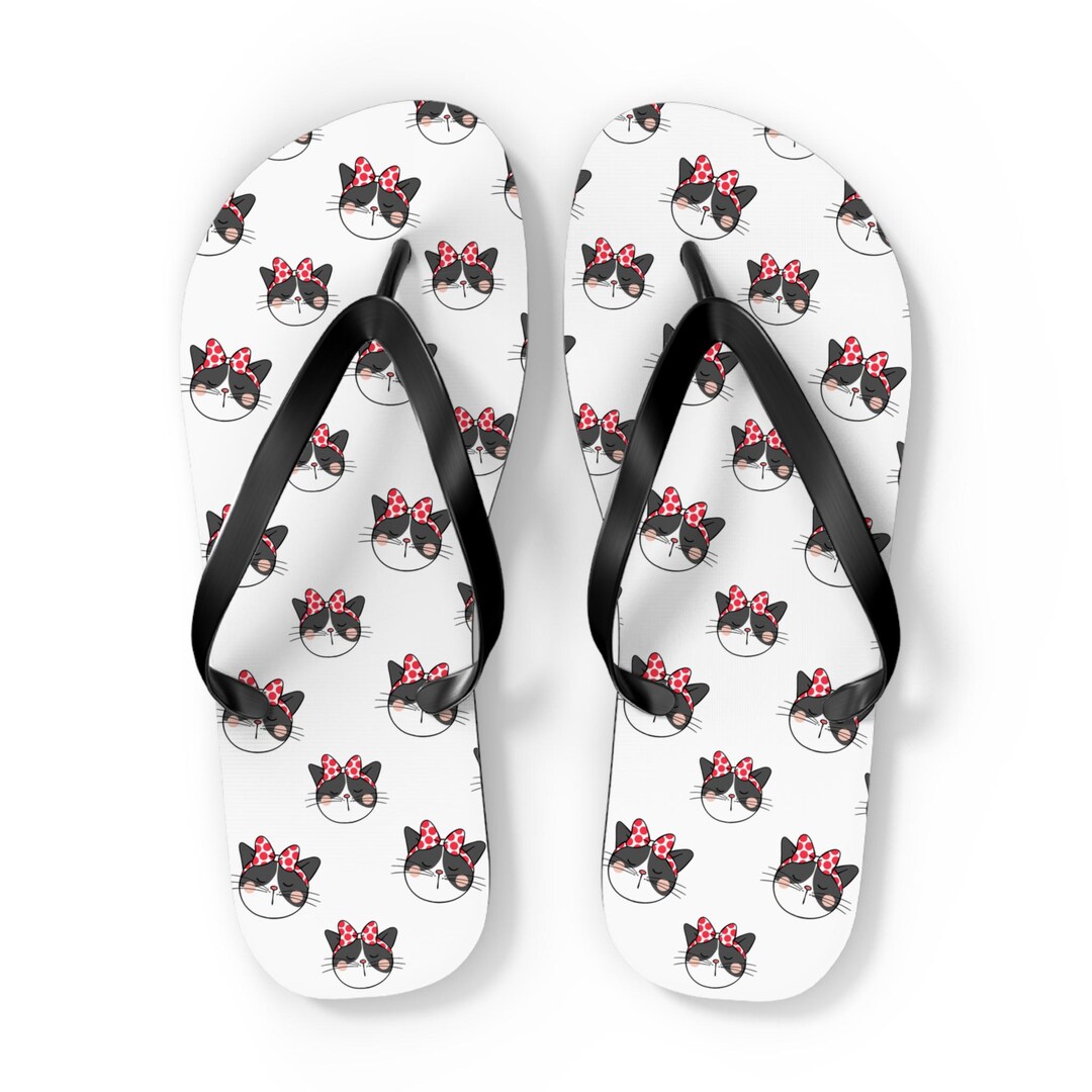Kawaii Cat Flip Flops | Red Bow Kitty Sandals | Cute Cat Face Thongs ...