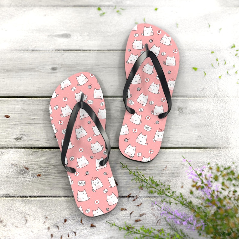 Kawaii Cat Flip Flops | Cute Pink Kitty Sandals | Hello Kitten Thongs ...