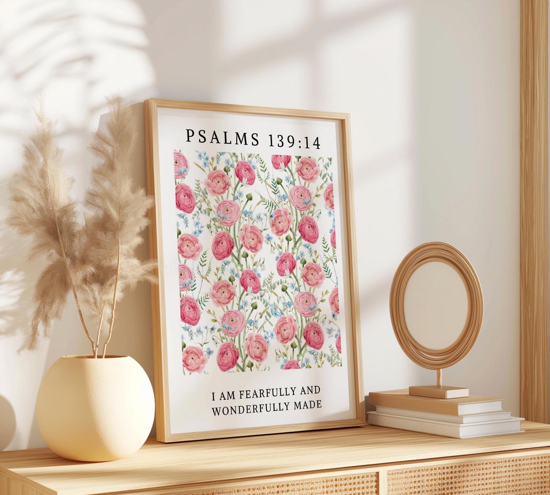 Psalms 139:14 Christian Wall Art, Bible Verse Pink Poster, Printable ...