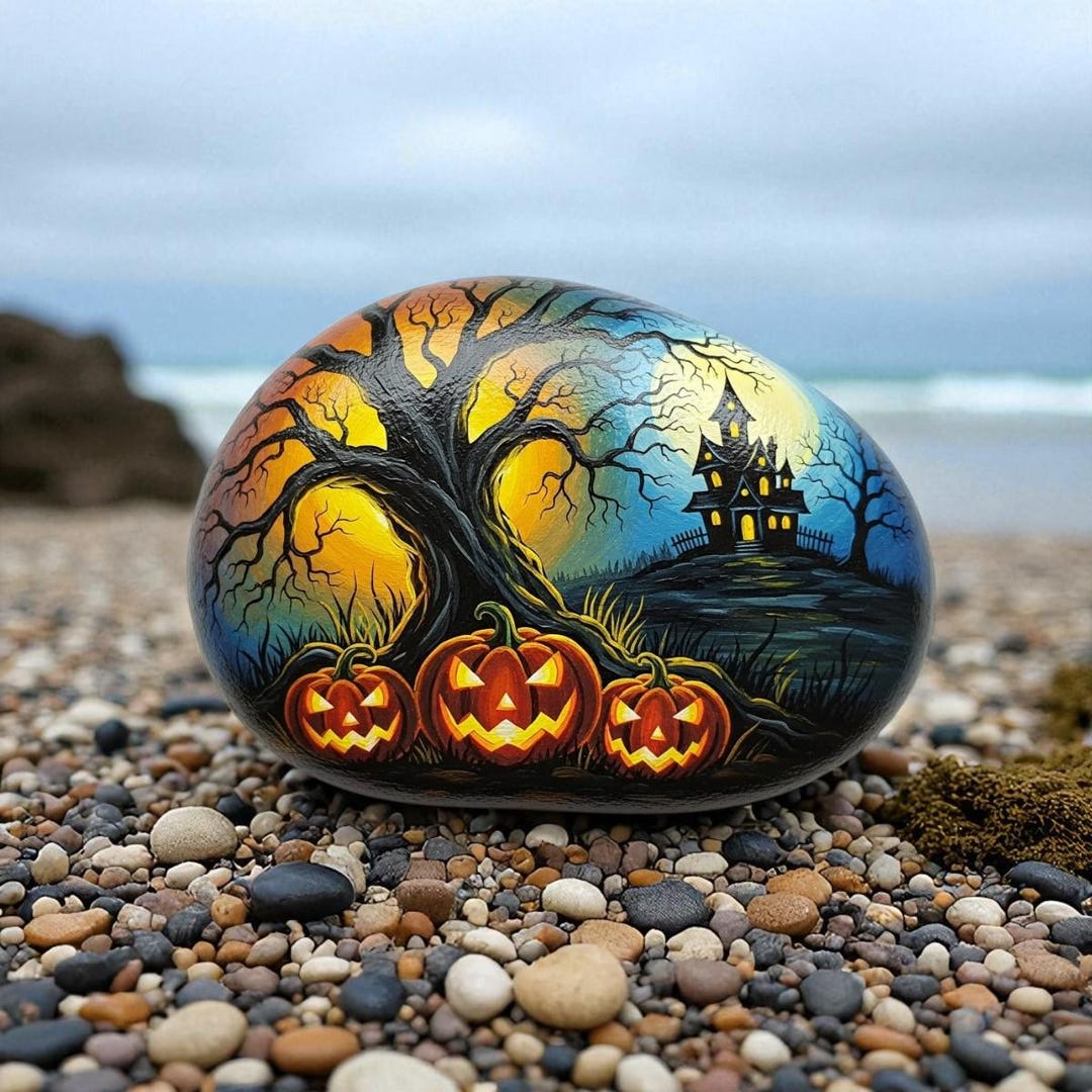 Hand-painted Halloween Art Stone, Spooky Decor - Etsy