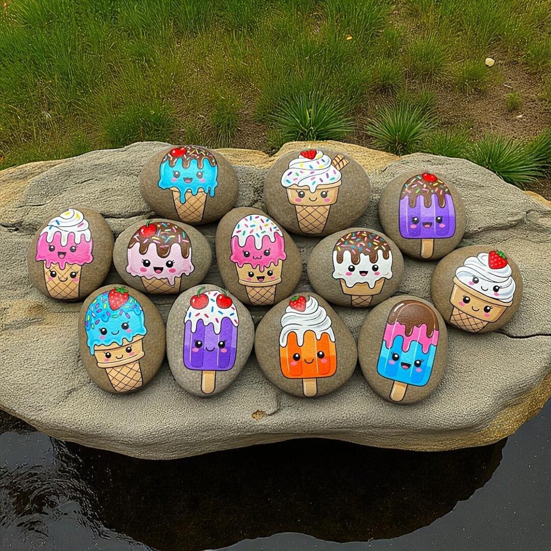 Cute Ice Cream Painted Rocks Set, Hand Painted Ice Cream Rock Painting ...