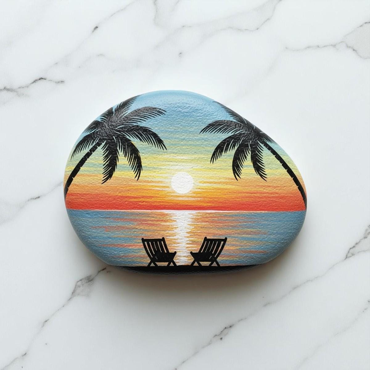 Sunset Beach Painted Rock Art, Hand Painted Coastal Decor, Sunset Beach ...