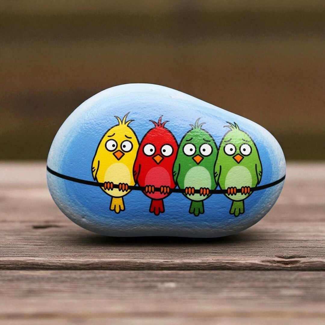 Hand-painted Bird Rock Art: Colorful Birds on a Wire, Natural River ...