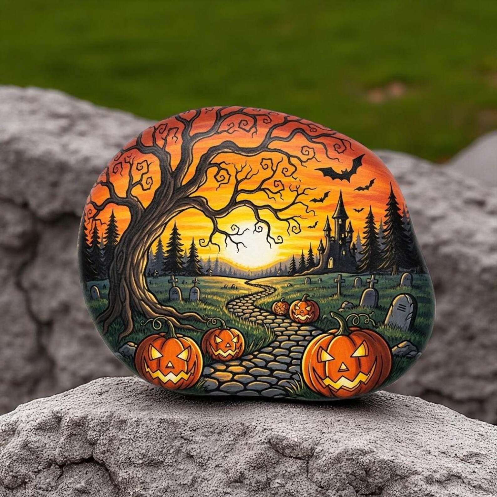 Hand Painted Halloween Rock, Pooky Art Stone for Halloween Decor ...