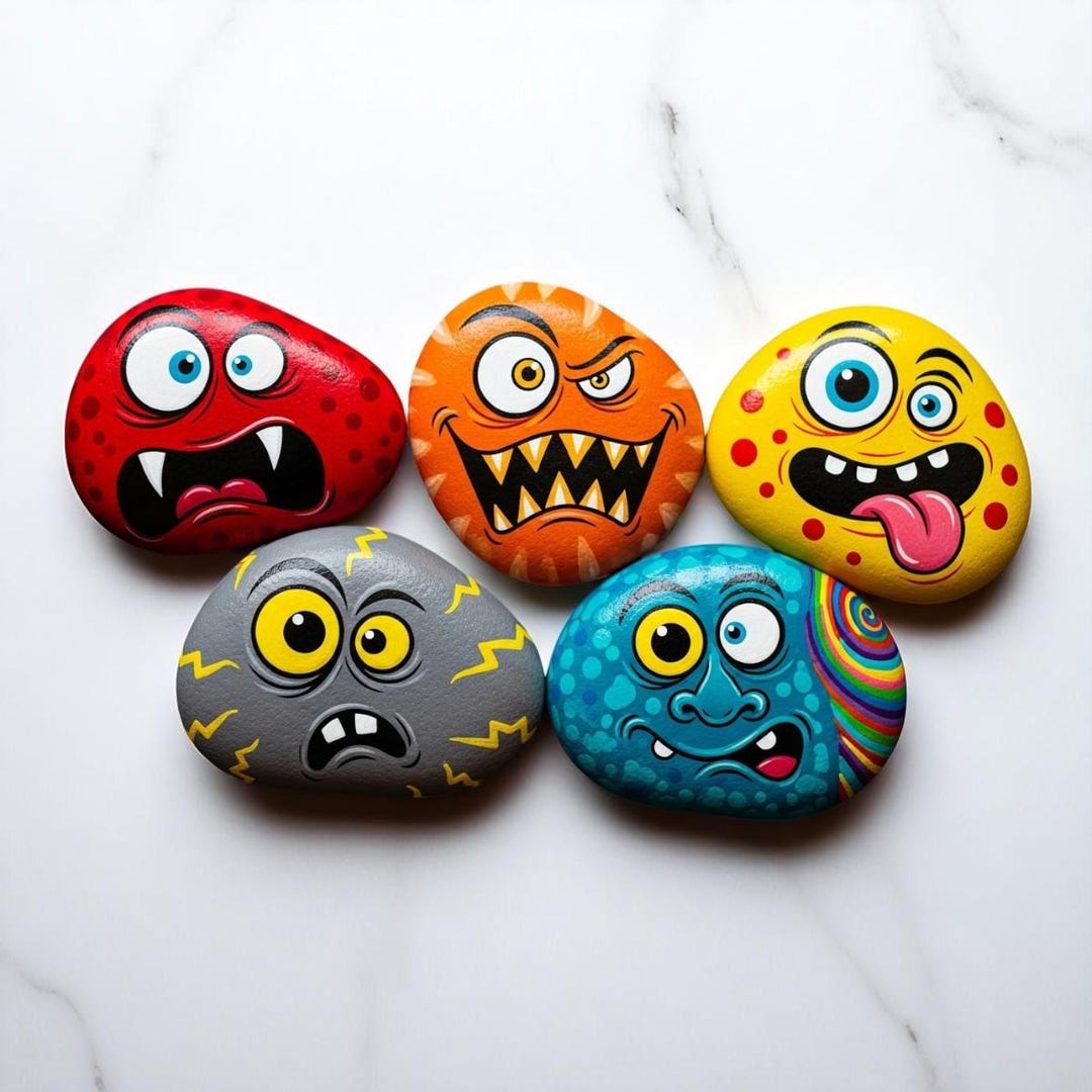 Set 5 Colorful Monster Rock, Monster Painted Rocks, Hand Painted ...