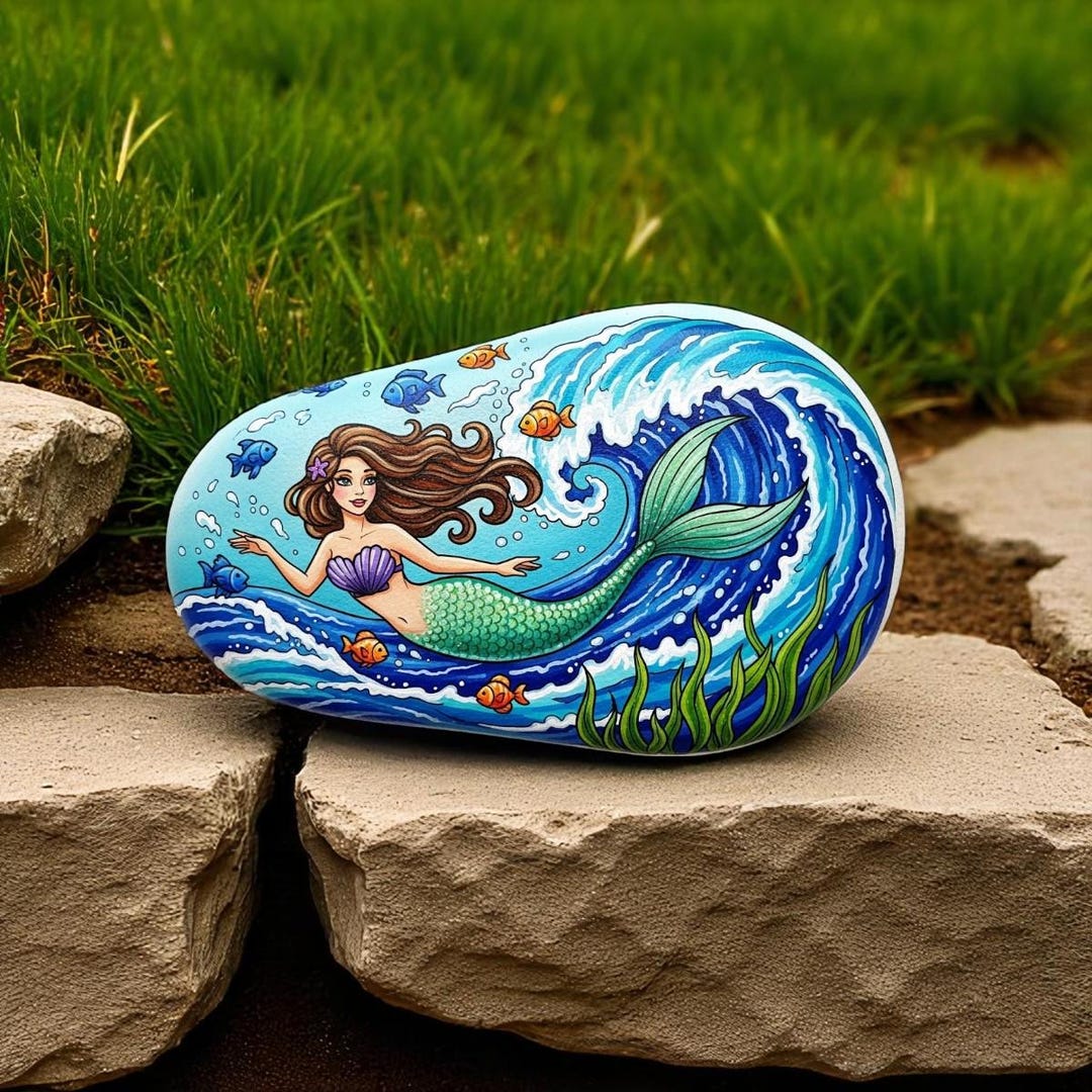 Mermaid Painted Rock, Mermaid Watching Sunset, Sunset Mermaid Art on ...