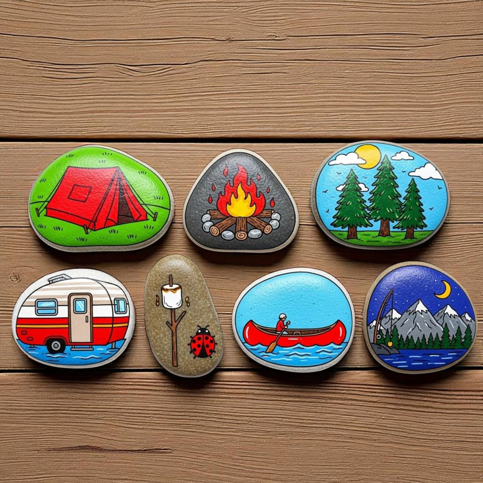 Camping Painting Stones Set, Hand Painted Rocks for Outdoor Adventure ...