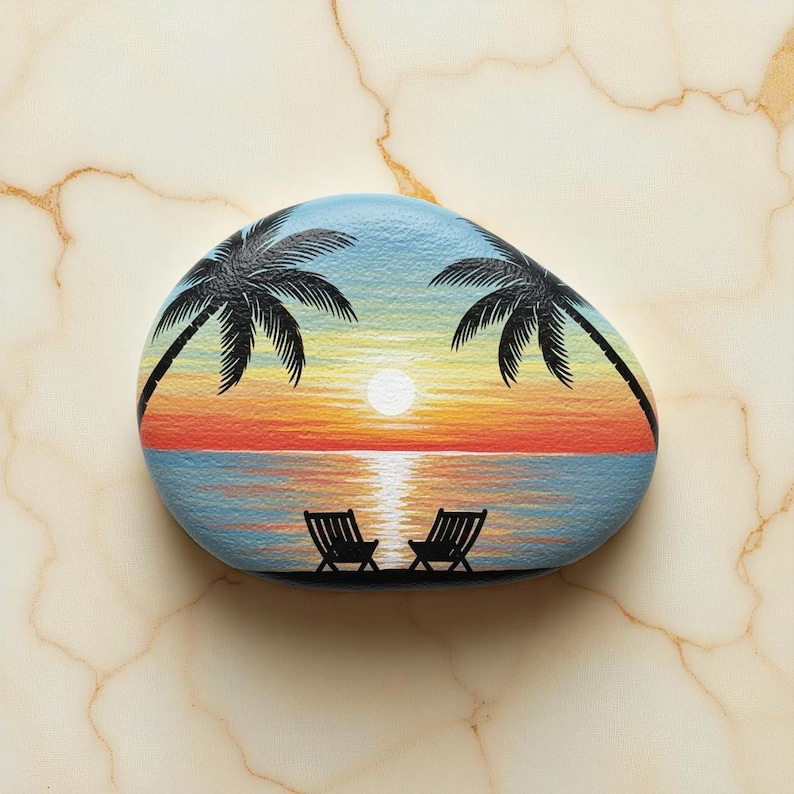Sunset Beach Painted Rock Art, Hand Painted Coastal Decor, Sunset Beach ...