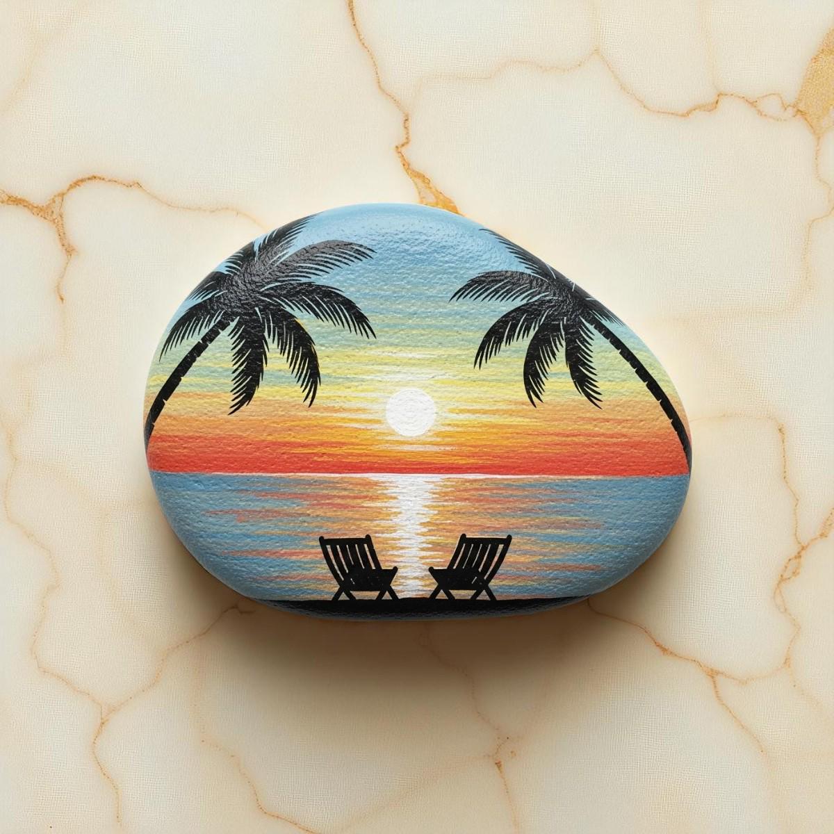 Sunset Beach Painted Rock Art, Hand Painted Coastal Decor, Sunset Beach ...