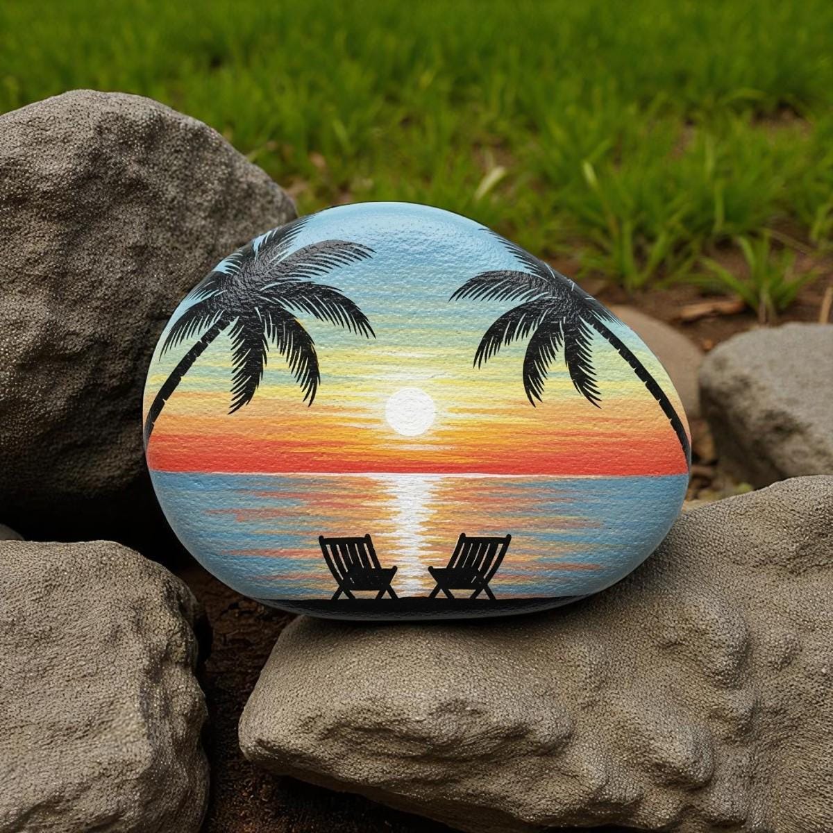 Sunset Beach Painted Rock Art, Hand Painted Coastal Decor, Sunset Beach ...