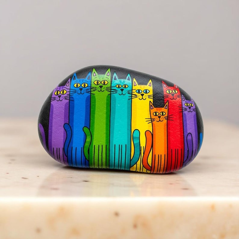 LGBT Cats Painted Rocks, Rainbow Cat Rock Painting, Colorful Cat Lover ...