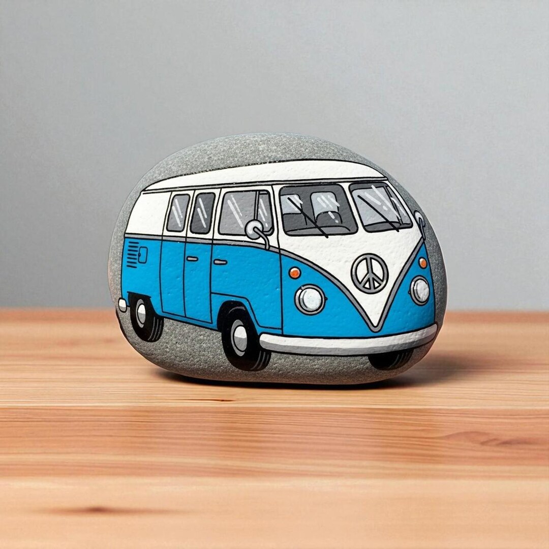 Vintage Camper Van Painted Rock, Hand Painted Retro Bus Stone Gift ...