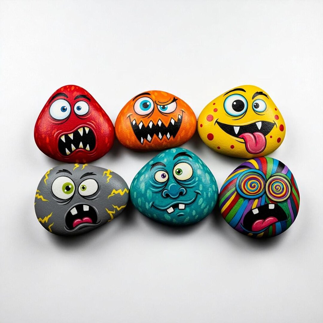 Set 6 Colorful Monster Rock, Monster Painted Rocks, Hand Painted ...