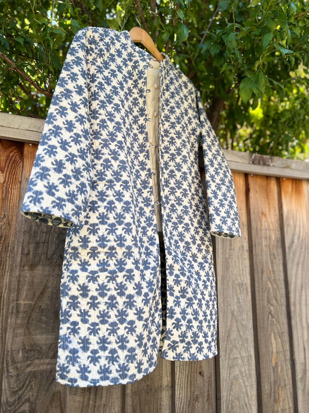 Long White Gray Motif Block Print Quilted Reversible Handmade Jacket - Etsy