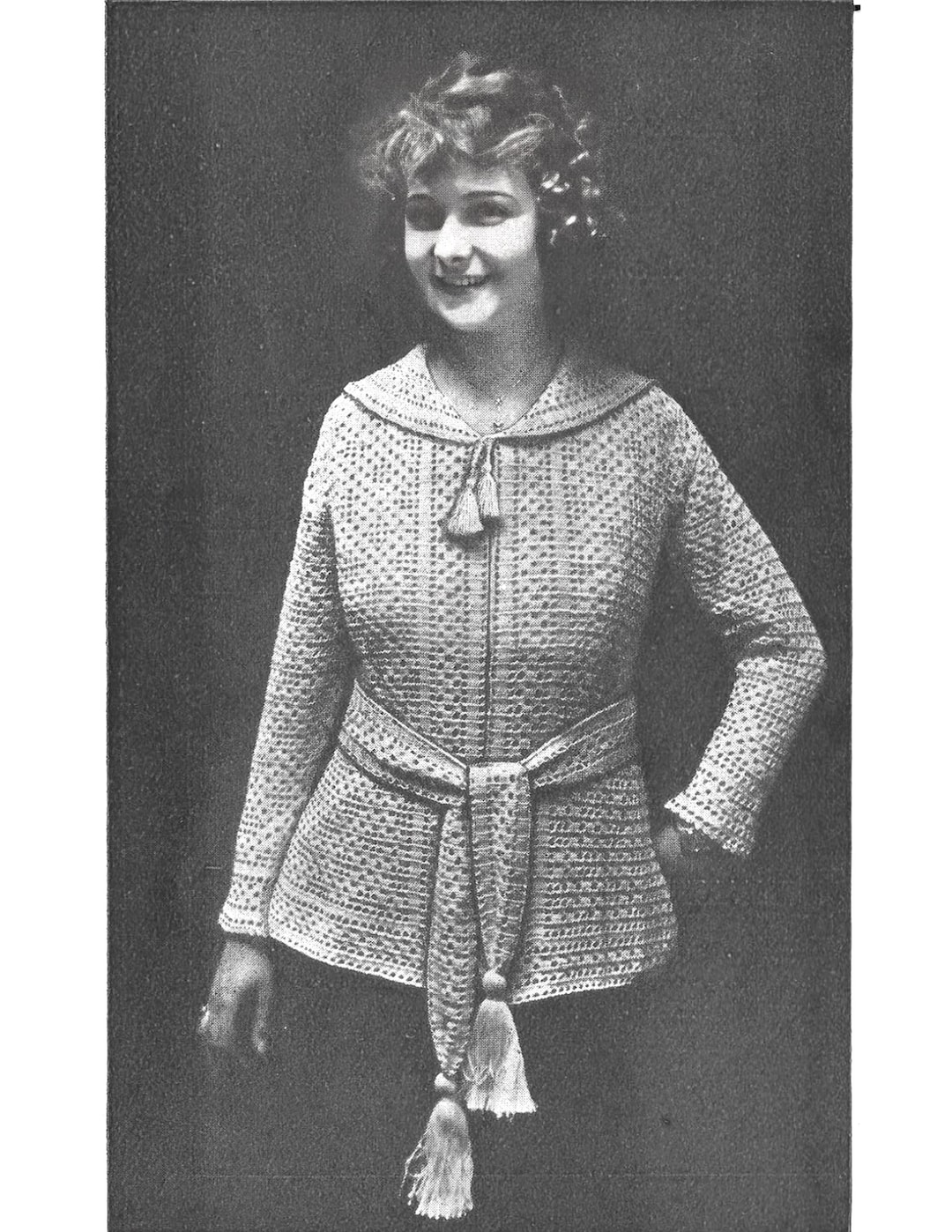Vintage Filet Crochet Sweater Pattern - 1910s 1920s Women's Belted ...