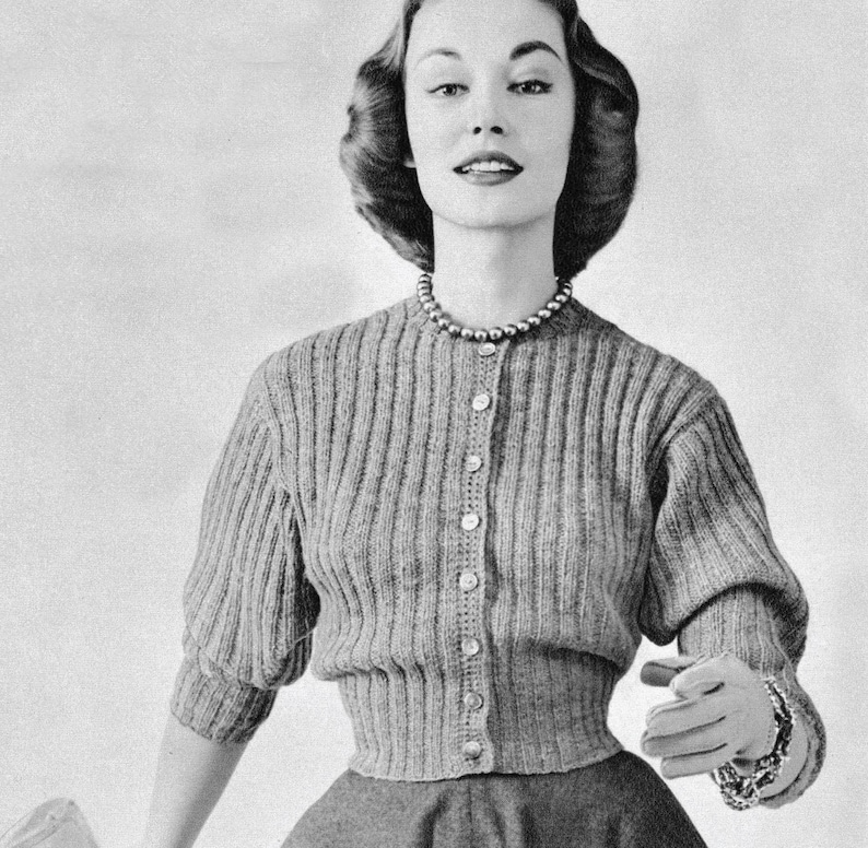 1950s Blousy Cardigan Knitting Pattern - Women's Vintage Casual Ribbed ...