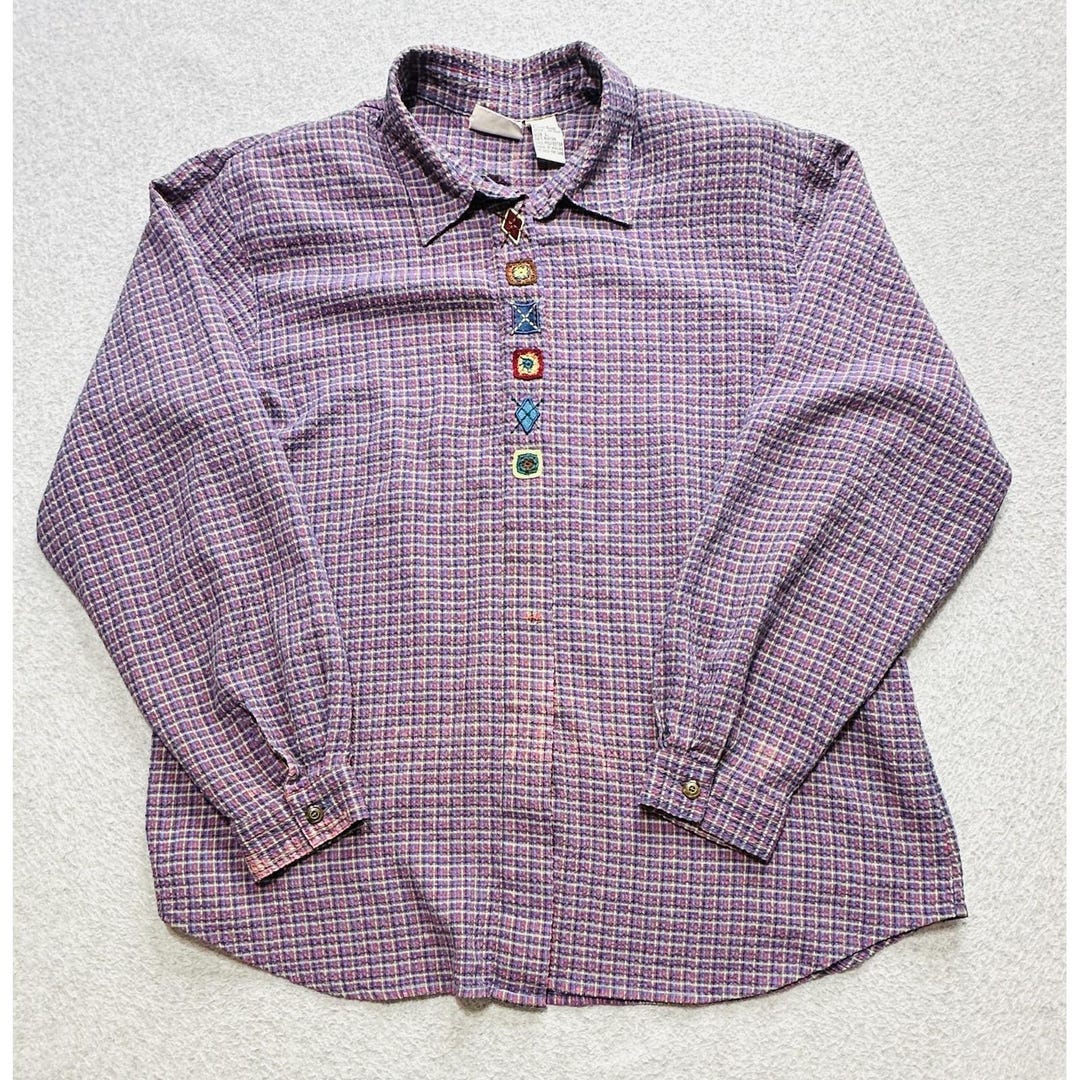 VINTAGE Koret City Blues Shirt Womens Large Purple Plaid Textured ...